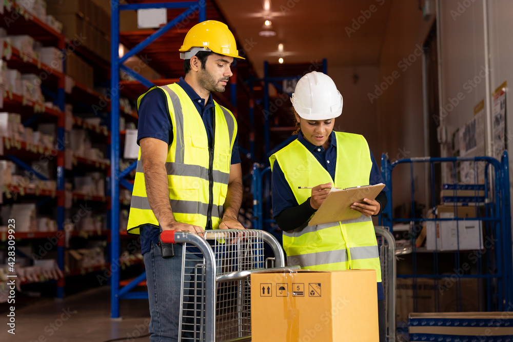Worker wear safety helmet and holding clipboard and push cart in ...