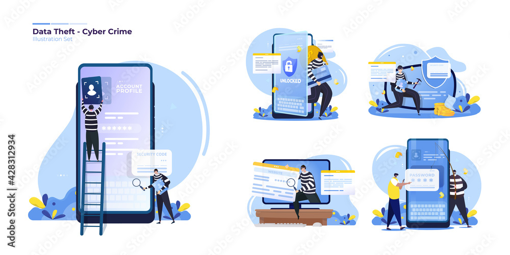Data theft cyber crime illustration collection set for graphic ...