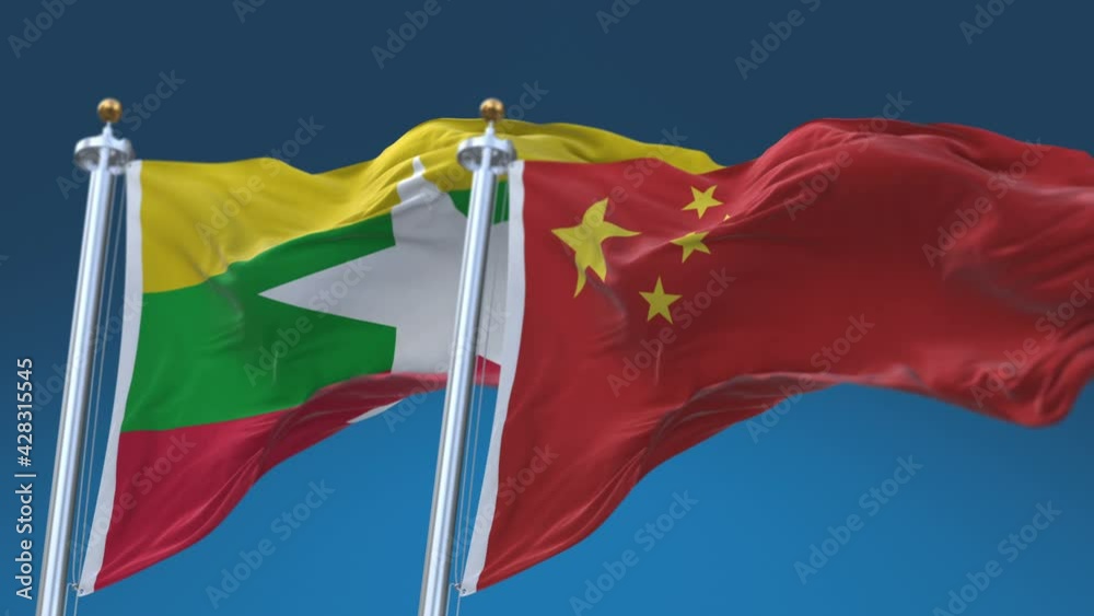 4k Seamless Myanmar and China Flags with blue sky background;A fully ...