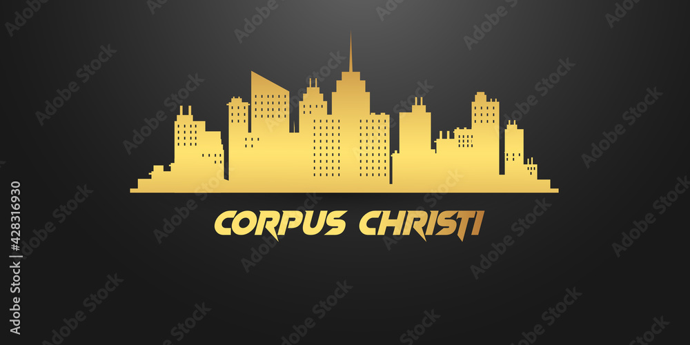 Corpus Christi skyline horizontal banner. Black and white silhouette of ...