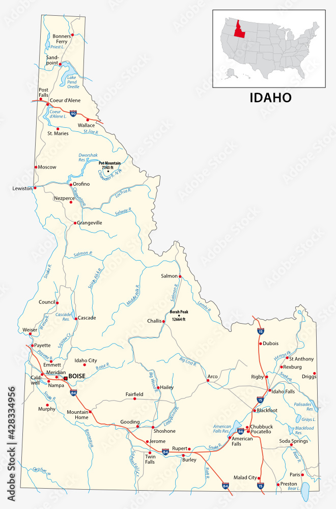 road map of the US American State of Idaho Stock Vector | Adobe Stock