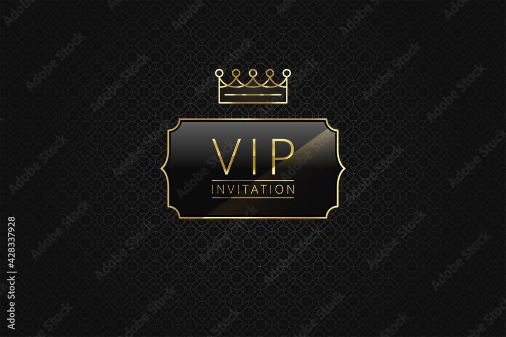 VIP banner design template. Glass badge with golden frame and crown on ...