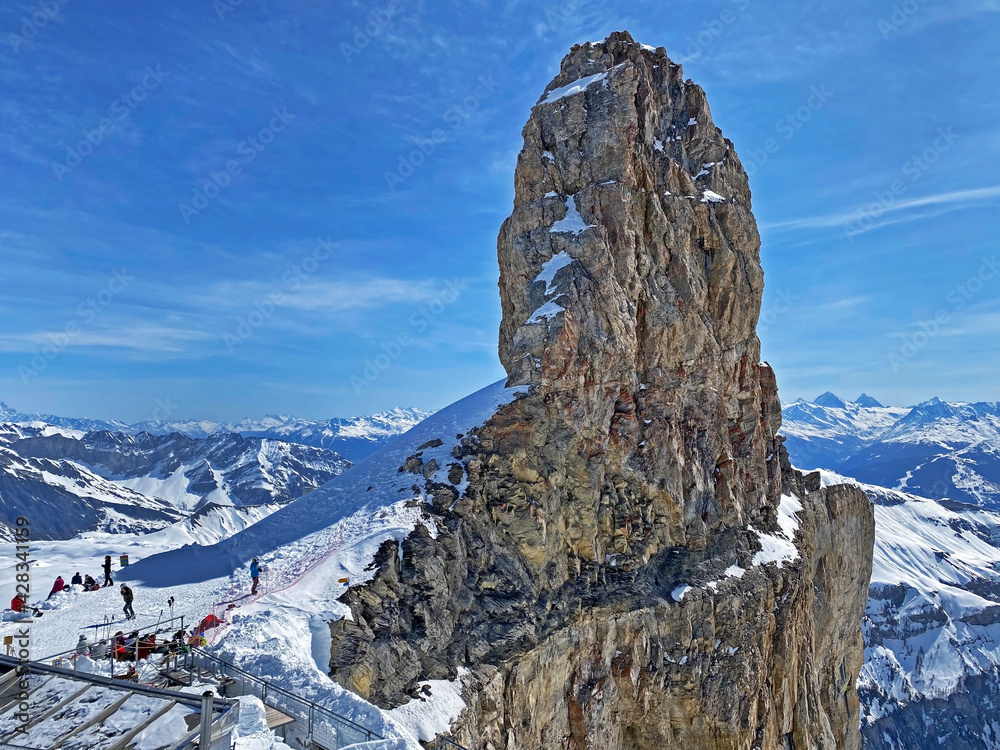 Impressive natural stone tower above the glacier de Zanflueron in the ...