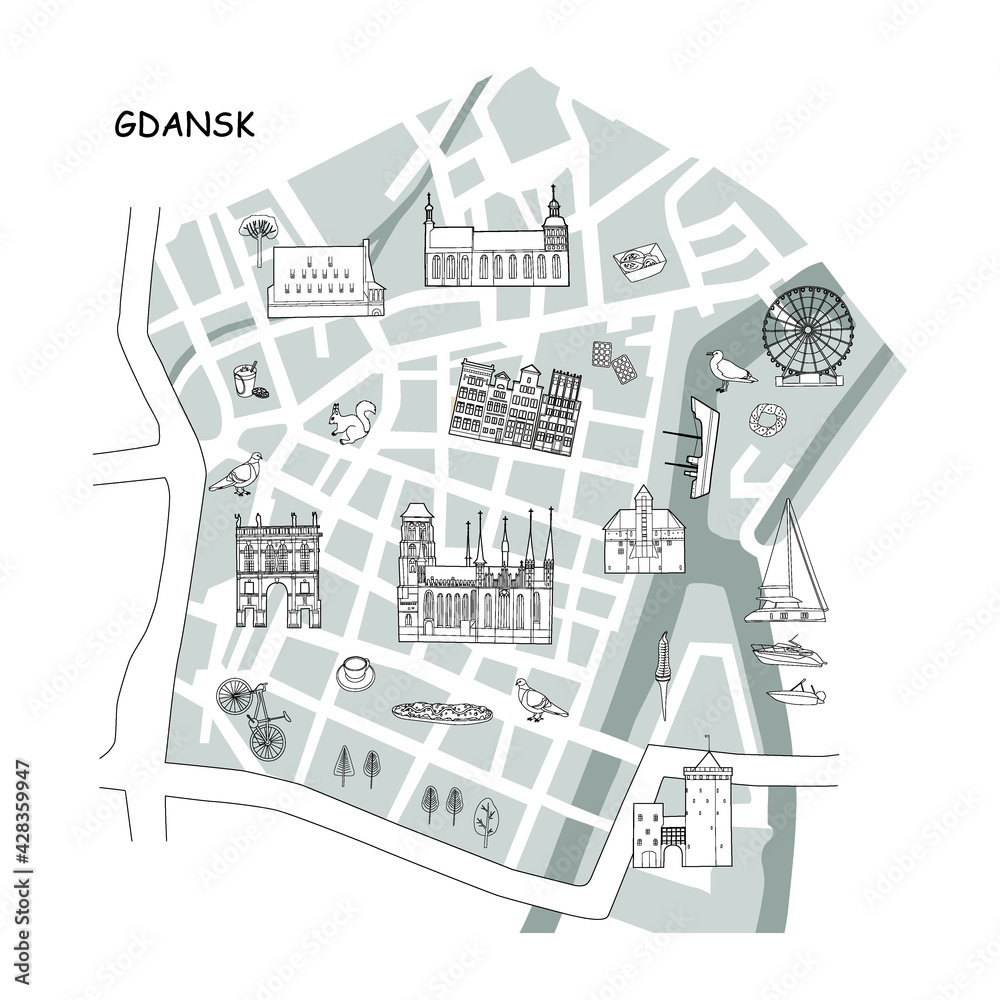 Vetor de Vector line hand drawn illustrated map of Gdansk old town ...