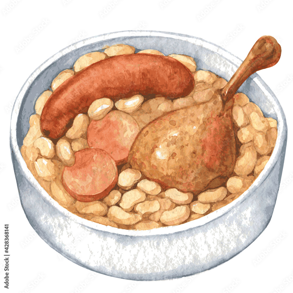 Cassoulet with goose meat, pork sausage, and beans in the pot. Hand ...