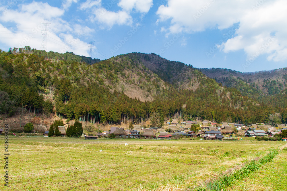 Rice fields and old thatched-roof houses in Kitamura, Miyama Kayabuki ...