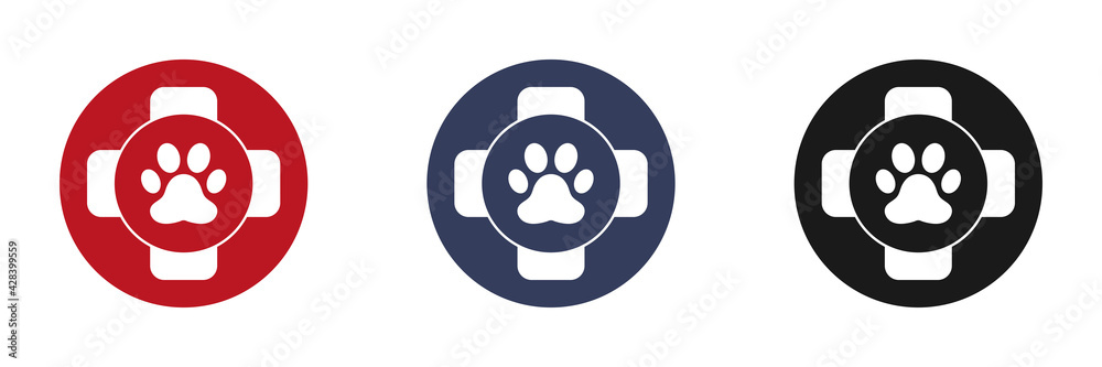 Pet first aid icons set. Dog or cat paw print. Medical cross symbol ...