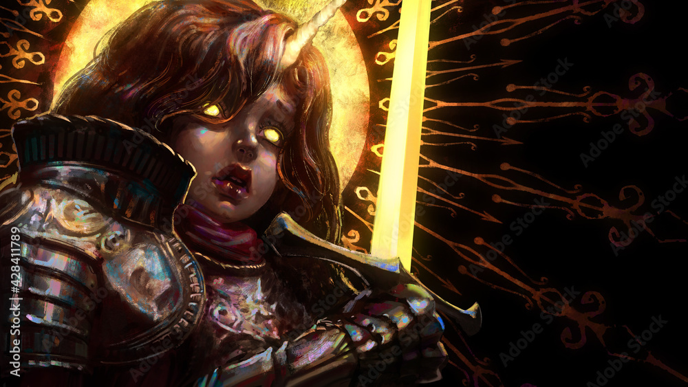 A beautiful but sinister girl knight in plate chased armor, with a ...