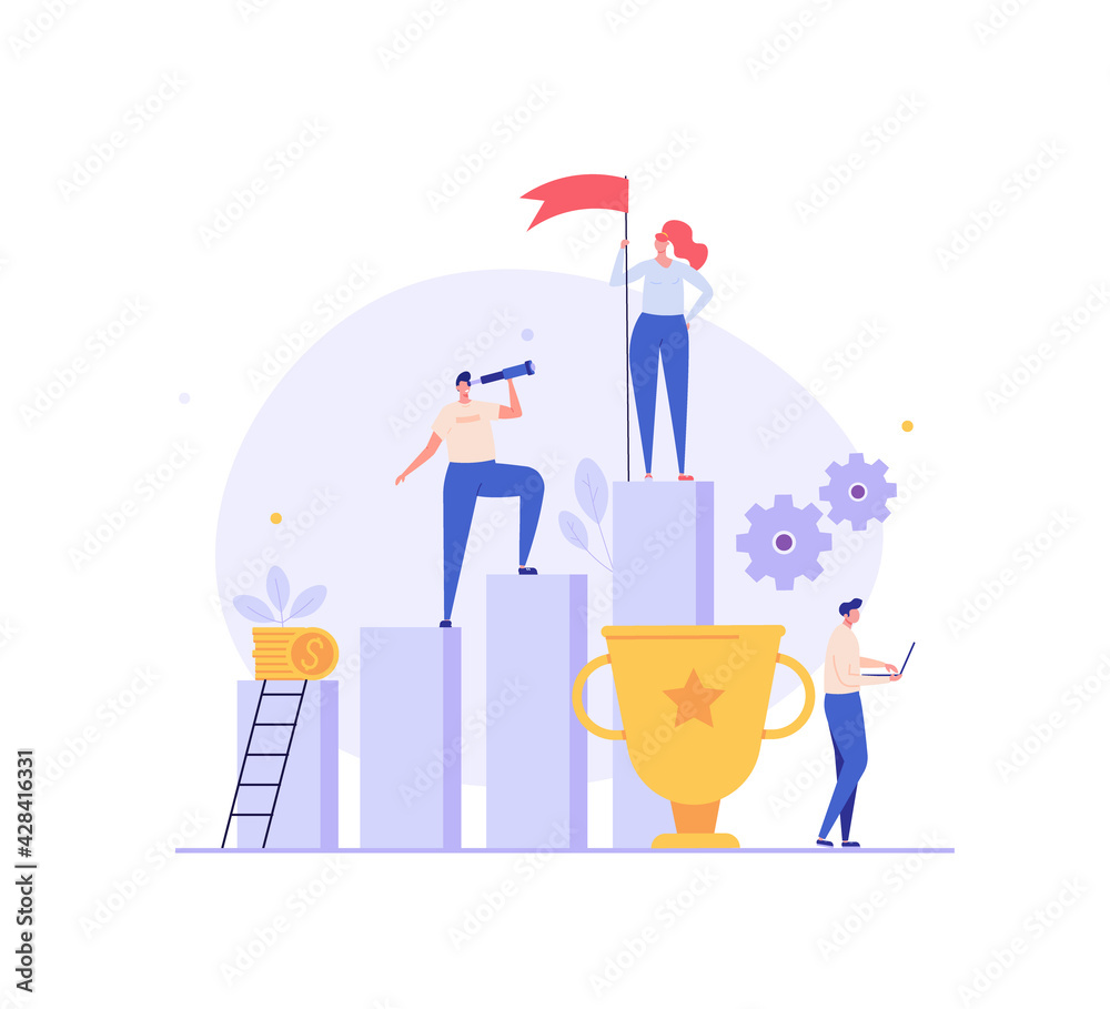 Best team of people illustration. Characters with reward cup, flag and ...