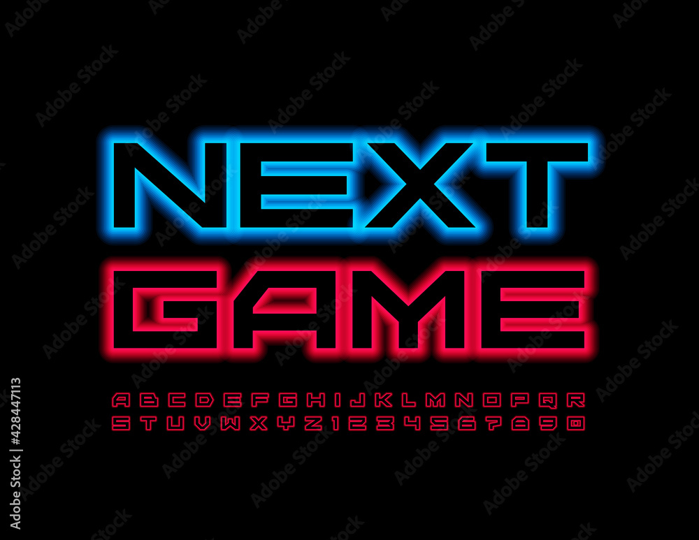 Vector modern Poster Next Game. Red Glowing Font. Neon Alphabet Letters ...