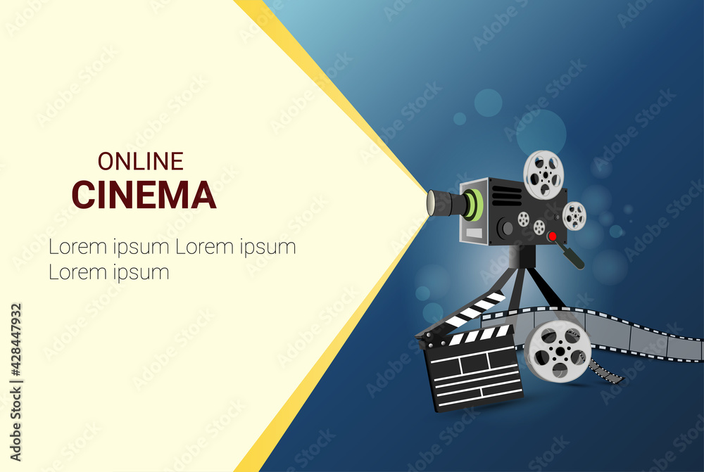 Online cinema art movie poster design with movie projector and Disc ...