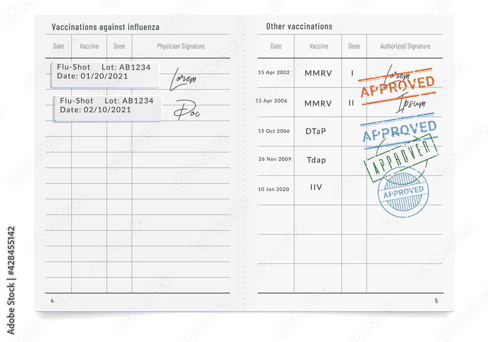 Phony filled vaccination record card with stamps of approval. Stock ...