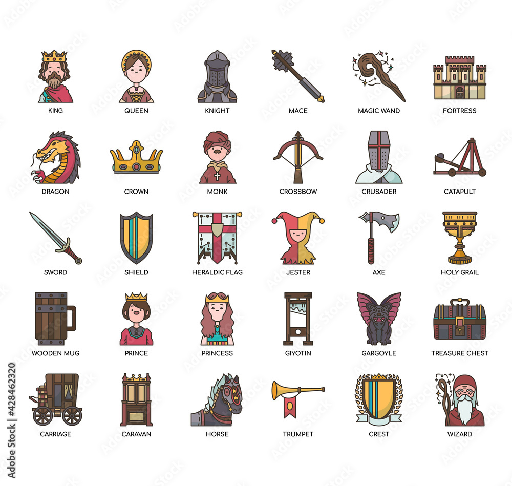 Set of Medieval thin line and pixel perfect icons for any web and app ...