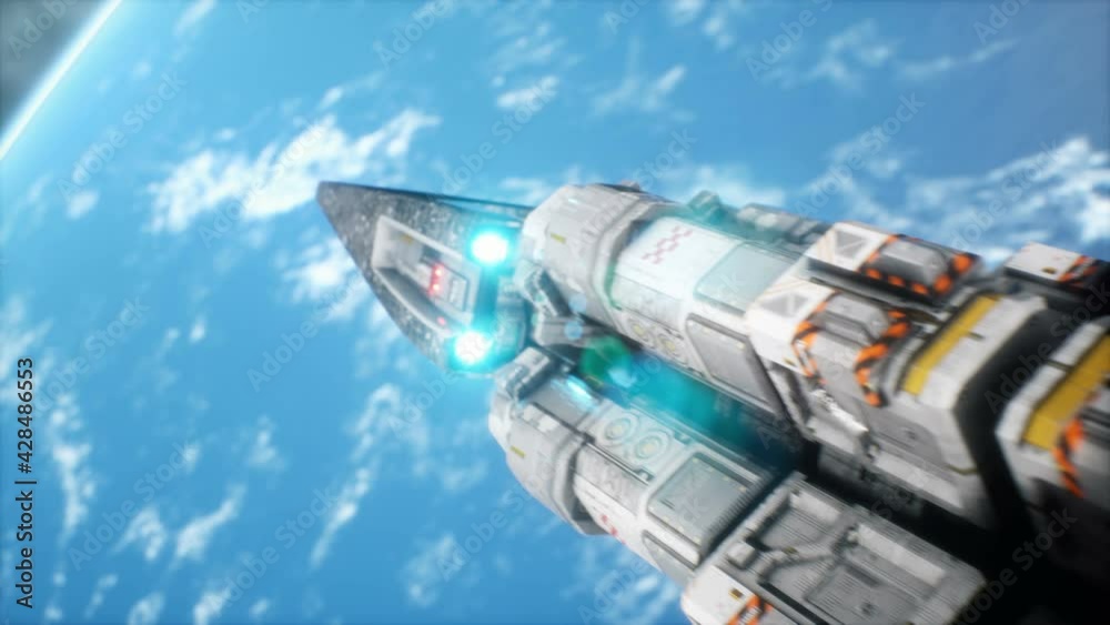 Space futuristic station flies over the planet Earth. The animation is ...