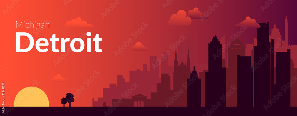 Detroit, USA famous city scape view background. Stock Vector | Adobe Stock