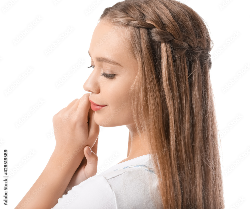 Beautiful young woman with braided hair on white background Stock Photo ...