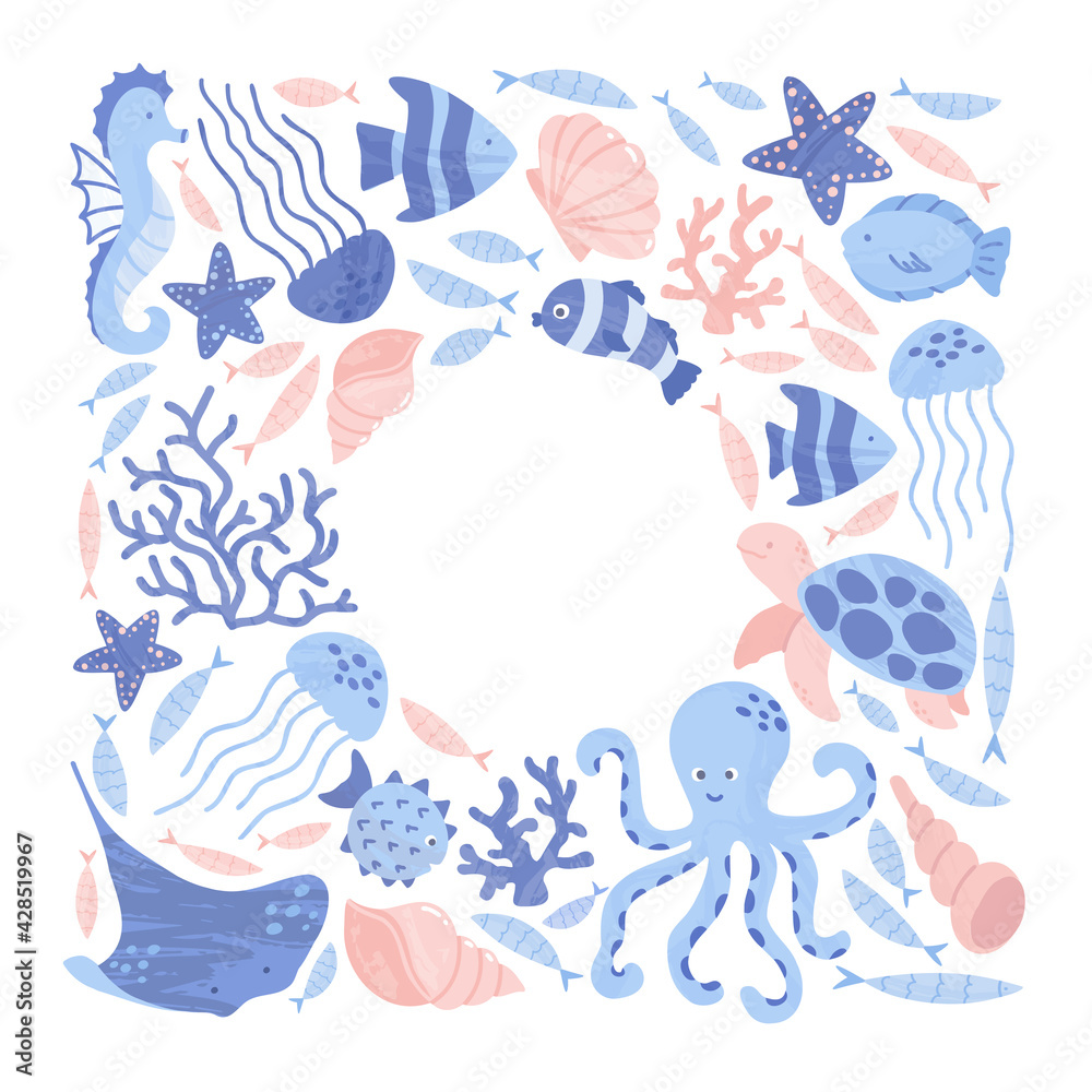 Sealife creatures arranged with balnk space for text. Pre-made card or ...