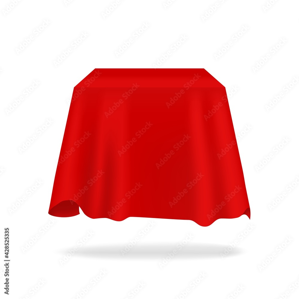 Red silk cover. Realistic secret box hidden under fabric. 3D bright ...
