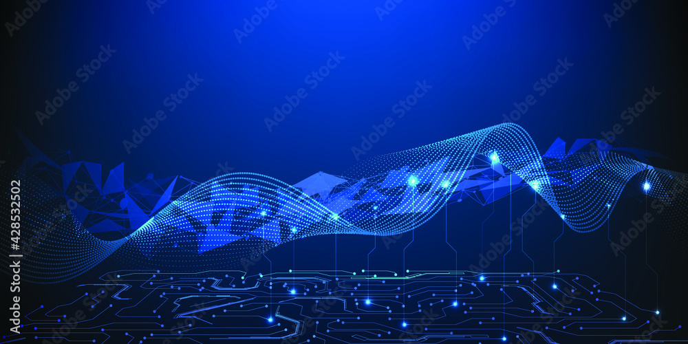 Digital tech landscape with wave dot connecting net hi tech abstract ...