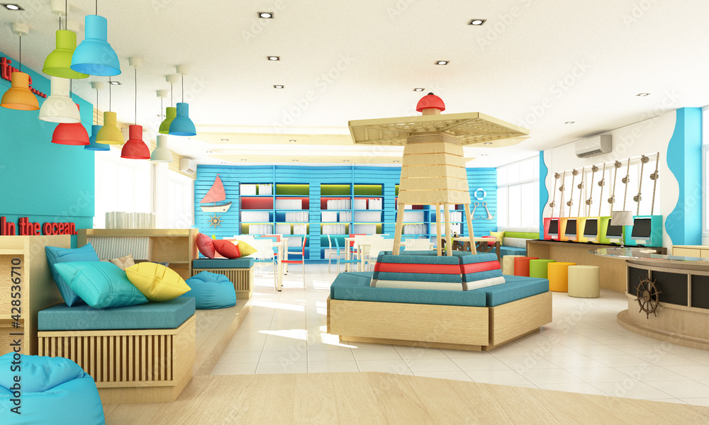 Kids school library interior design for student with colourful and wood ...