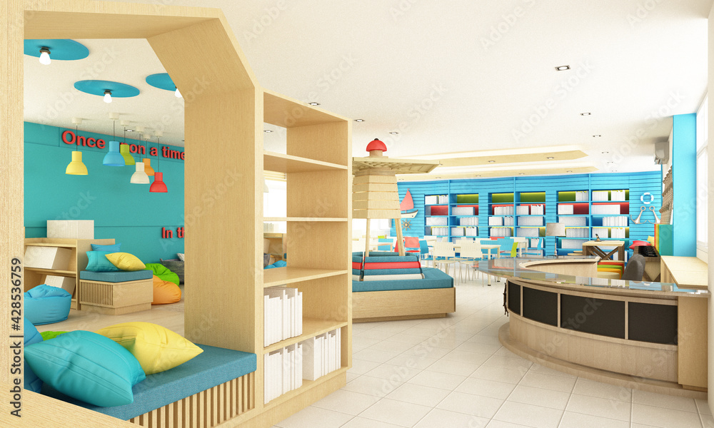 Kids school library interior design for student with colourful and wood ...
