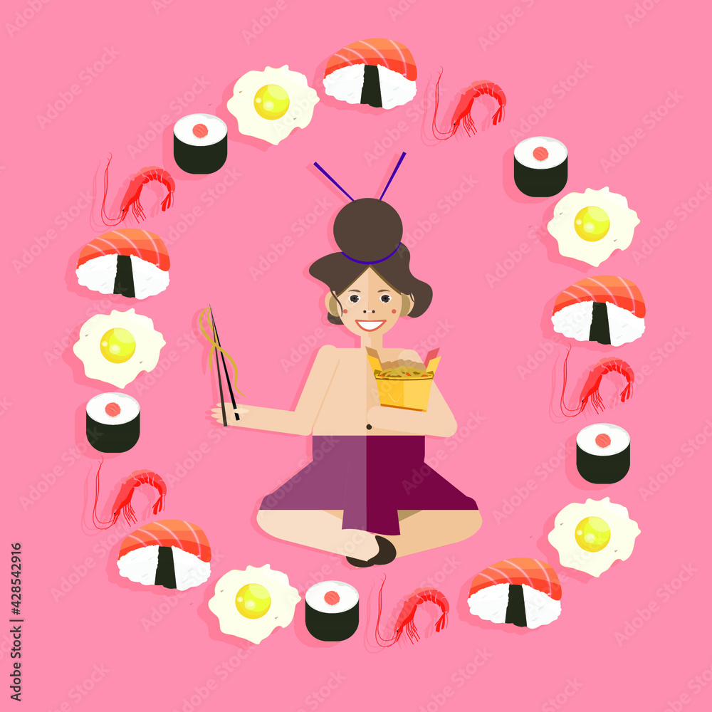 Japanese Sumo eating wok and sushi rolls with rice shrimp salmon Stock ...