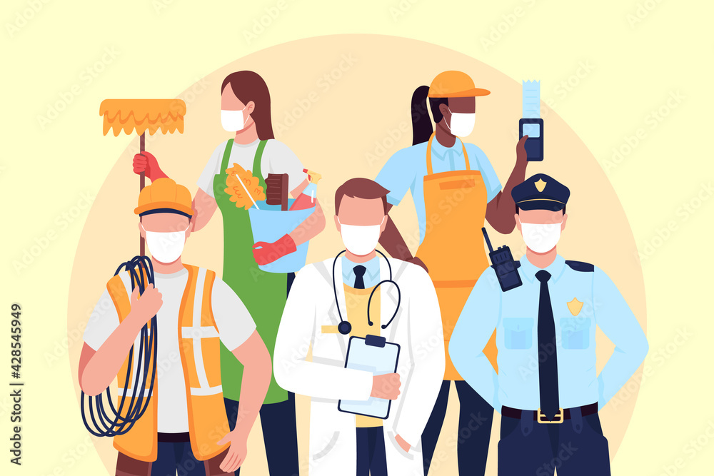 Essentials workers flat concept vector illustration. Courier, doctor in ...