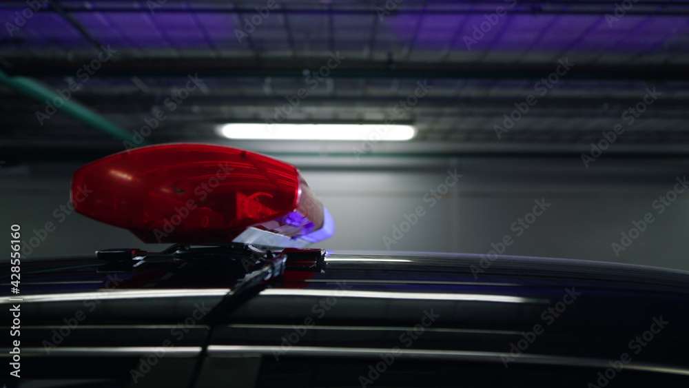 Colorful lights flashing on police car. Siren lights on roof of patrol ...