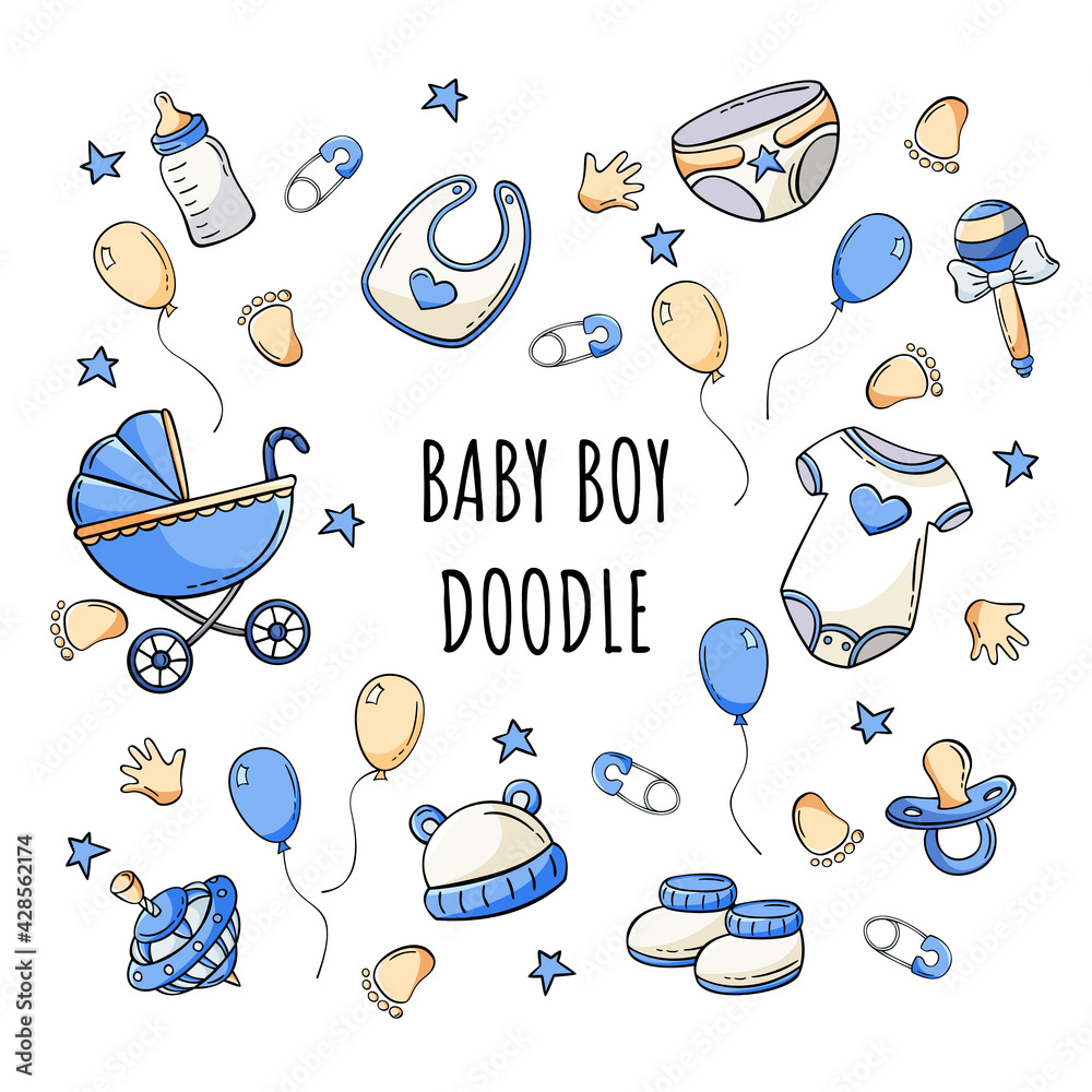 Hand drawn set of baby elements icons in doodle sketch style. Vector ...