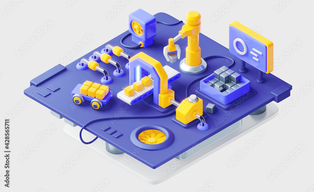 3d illustration of factory machine with conveyor and engineering robot ...