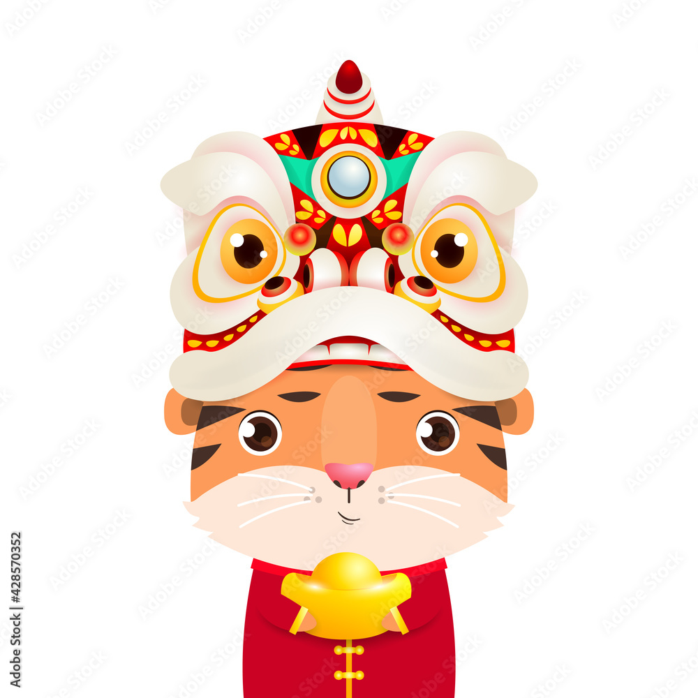 cute Little tiger wear lion dance head greeting and Happy Chinese new ...