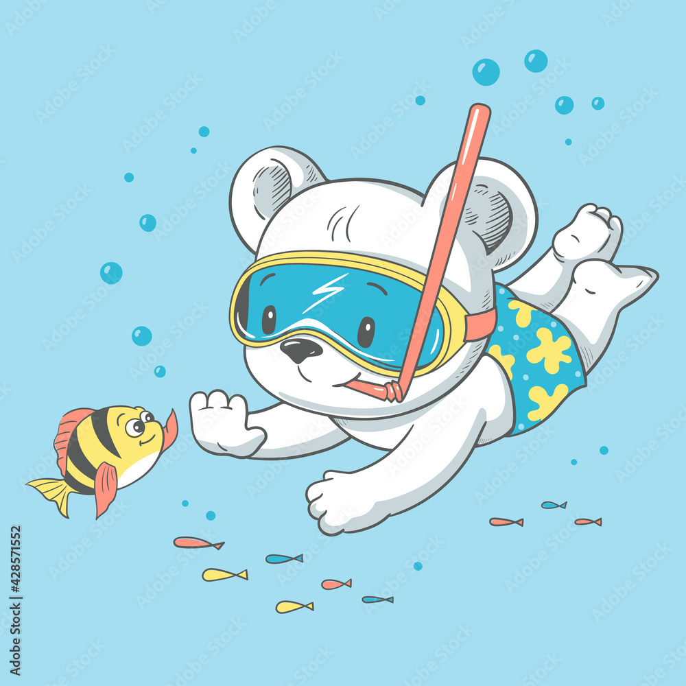 Vector illustration of a cute baby bear, diving underwater. Stock ...