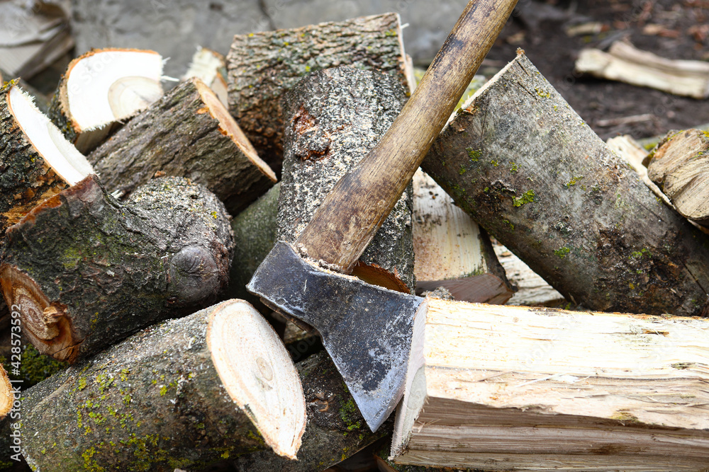 Firewood and logs in one pile, with an ax hammered into the log ...