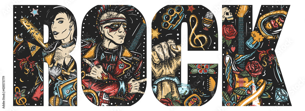 Rock slogan. Double exposure lettering. Hooligans music lifestyle ...