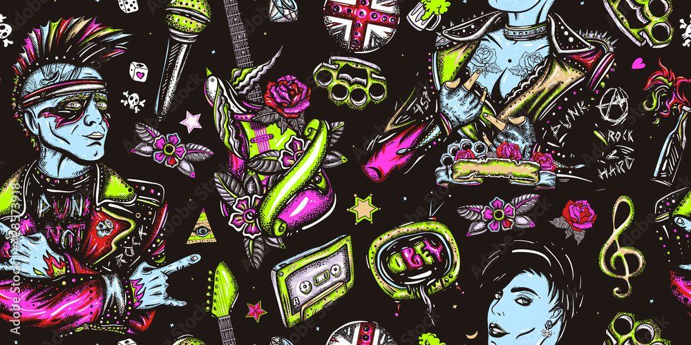 Punker with mohawk, electric guitar, gothic rock girl. Vector ...