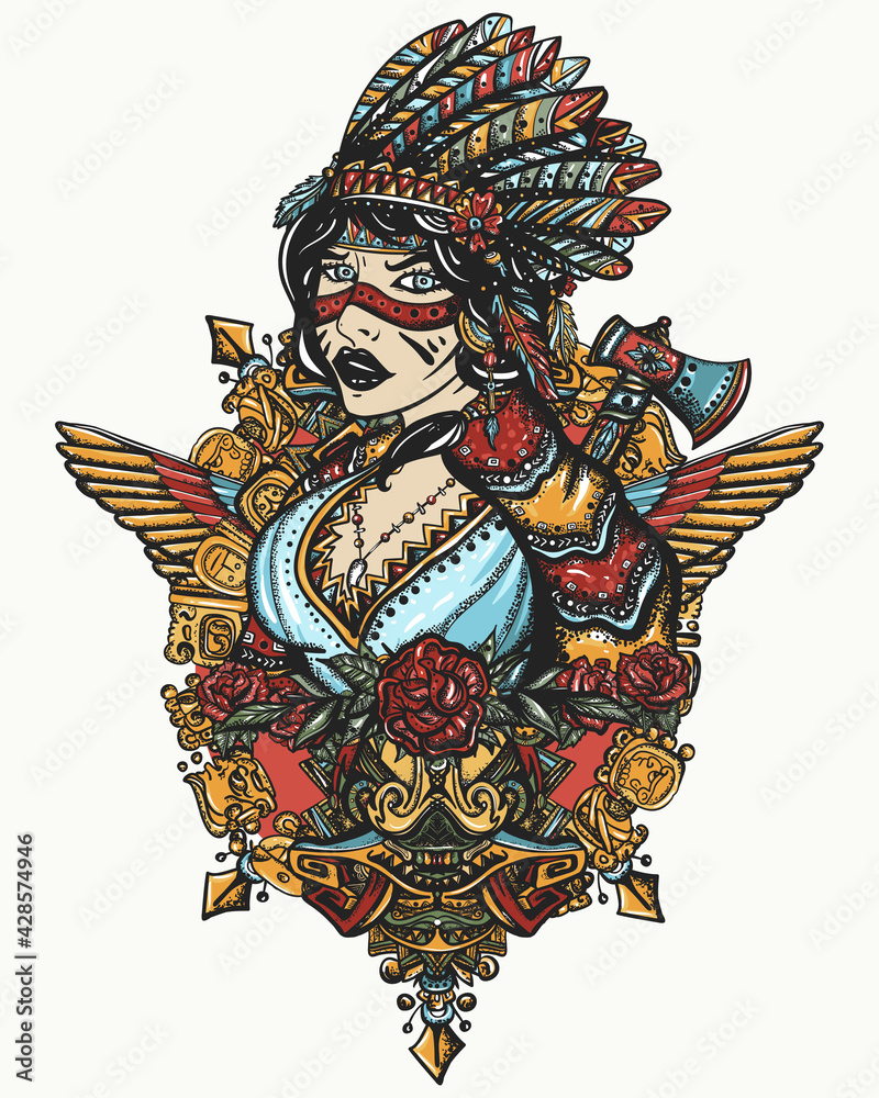 Tribal indian woman and mayan symbols. Native american indian art ...