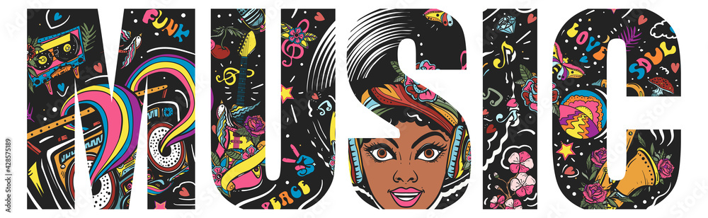Music slogan. Double exposure lettering. Happy African American young ...