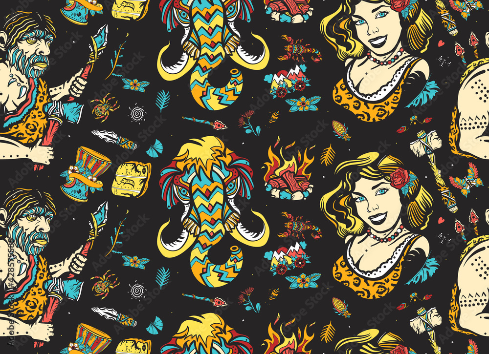 Stone age seamless pattern. Old school tattoo vector style. Cave man ...