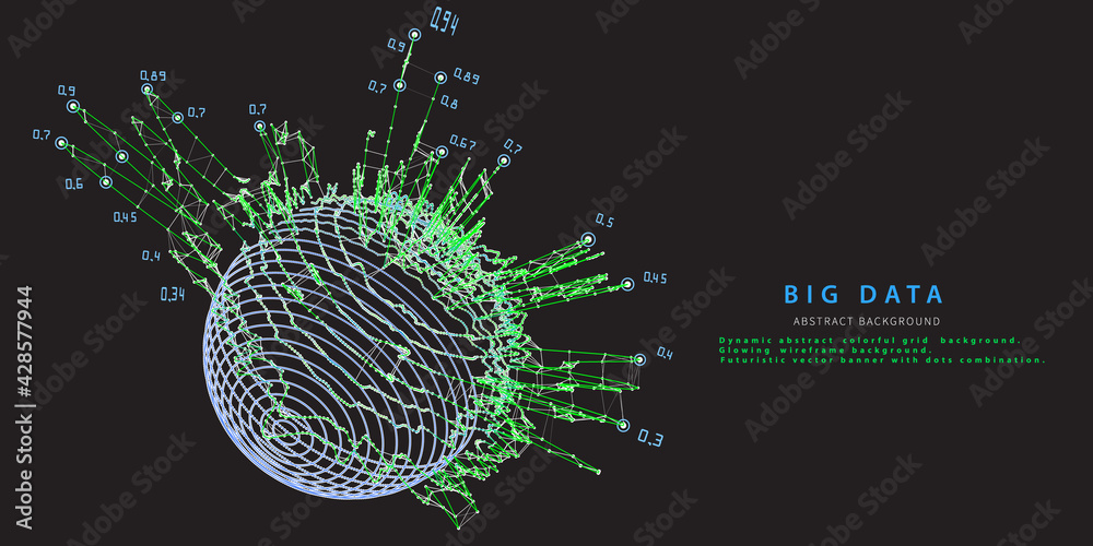 Abstract background with color wireframe sphere and data. Big data ...