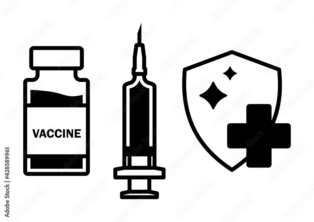 Syringe, vial and shield icon. Vaccination and protection concept of ...
