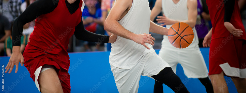 Professional 3x3 basketball players in action. Sports background for ...