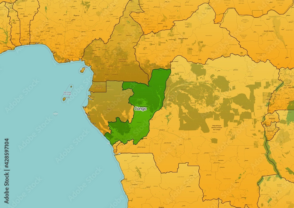 Congo map showing country highlighted in green color with rest of ...