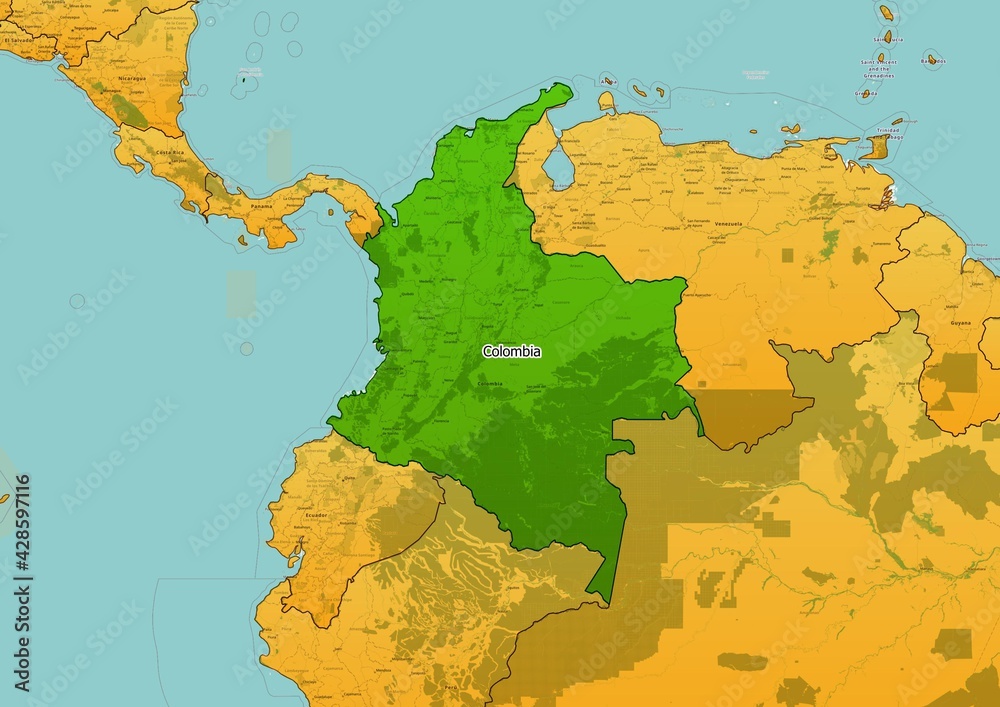 Colombia map showing country highlighted in green color with rest of ...