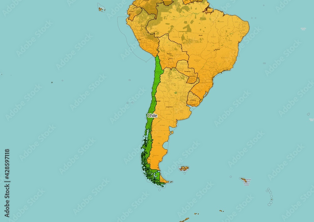 Chile map showing country highlighted in green color with rest of South ...