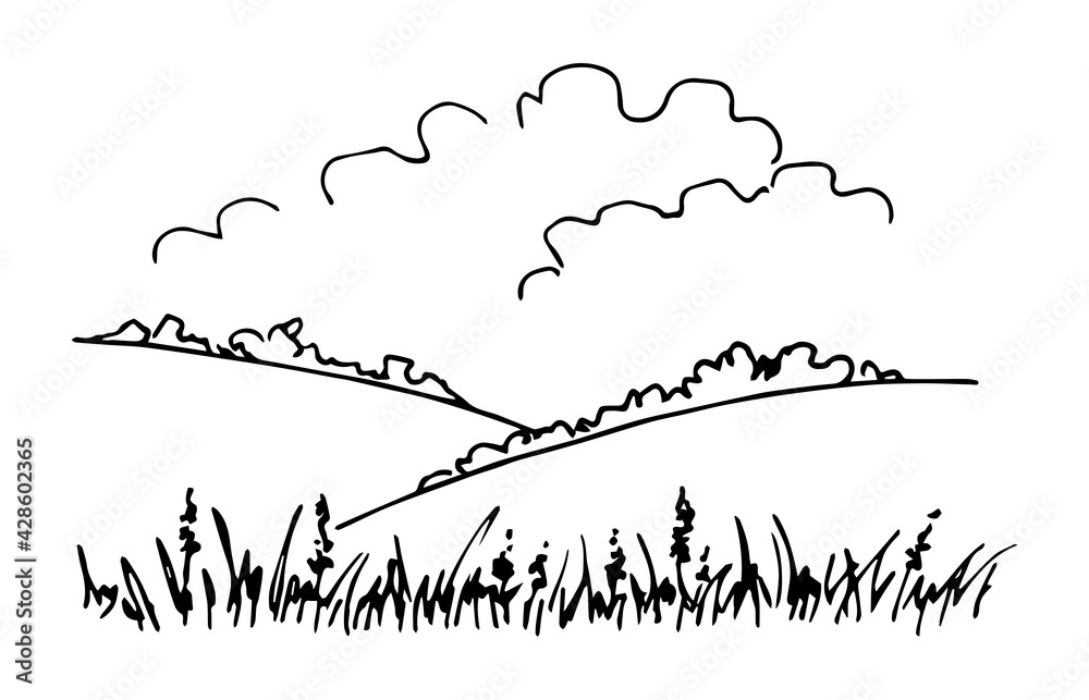 Simple hand-drawn vector drawing in black outline. Summer landscape ...