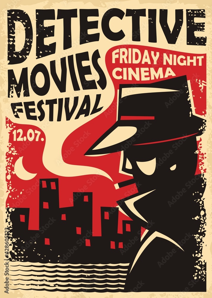 Detective movies film festival retro poster template with secret agent ...