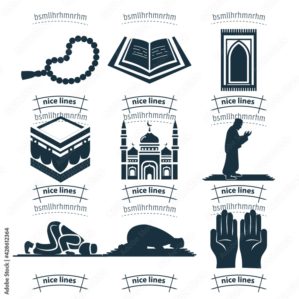 islam icon set. Muslim prayer icon set with mosque, koran, hadj, kaaba ...