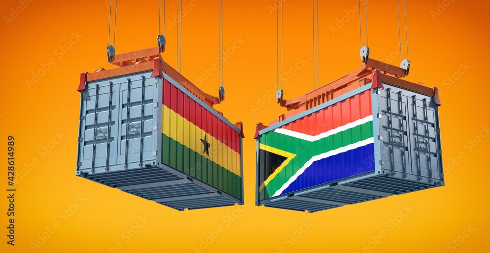 Freight containers with Ghana and South Africa national flags. 3D ...