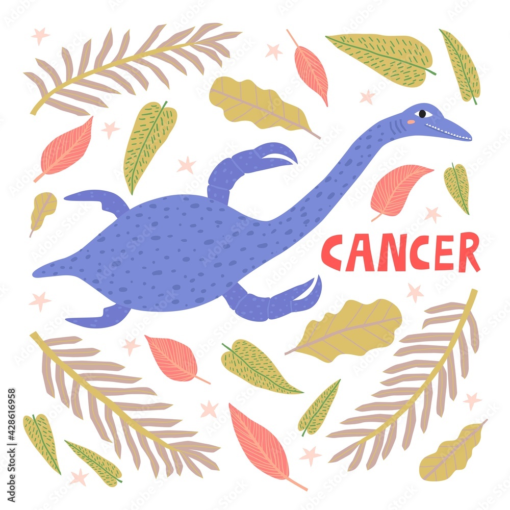 Cancer zodiac sign dinosaur cartoon character vector illustration. Cute ...
