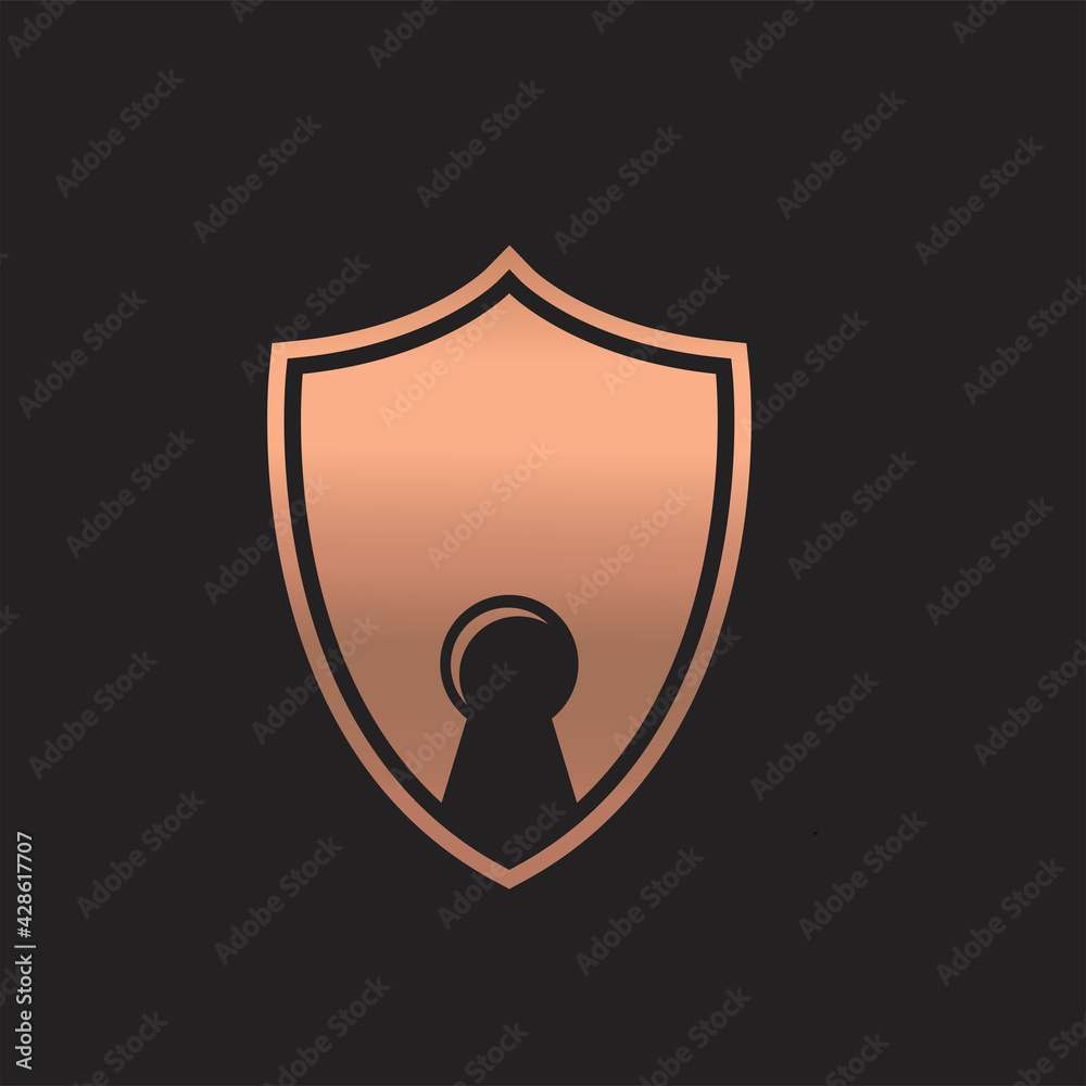 Metallic golden abstract key hole logo concept vector. A bronze shield ...